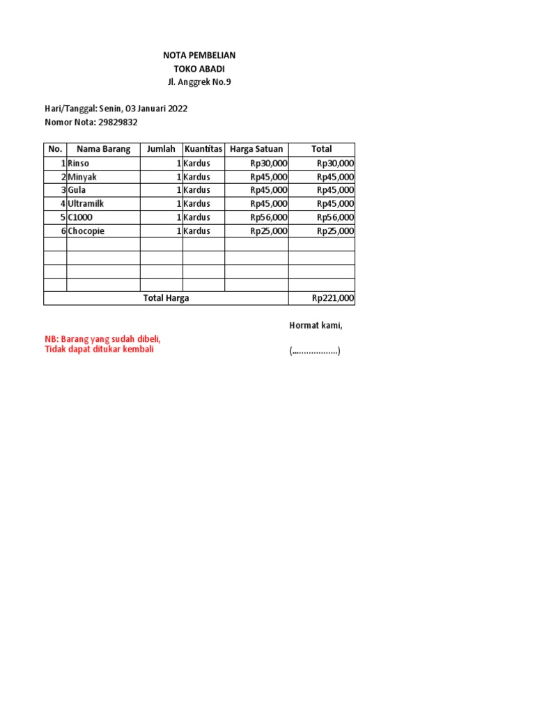 Nota pembelian toko abadi | PDF