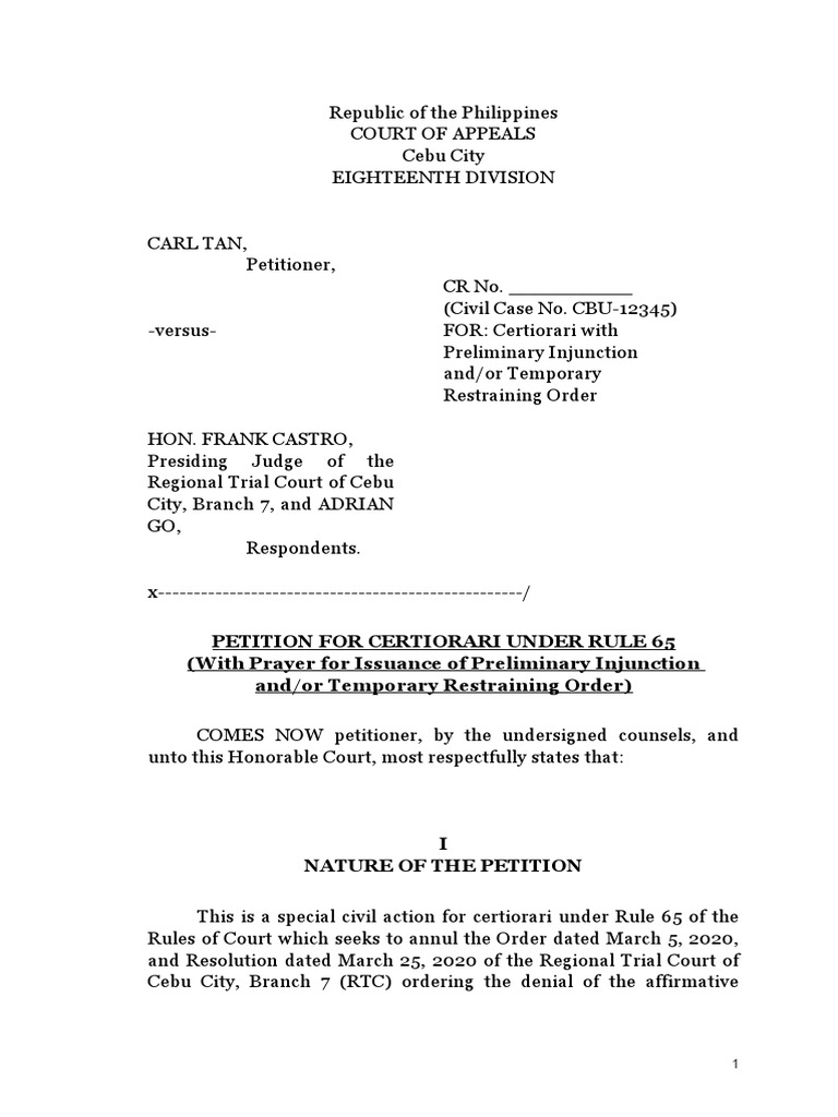 Petition For Certiorari Under Rule 65 (With Prayer For Issuance of ...