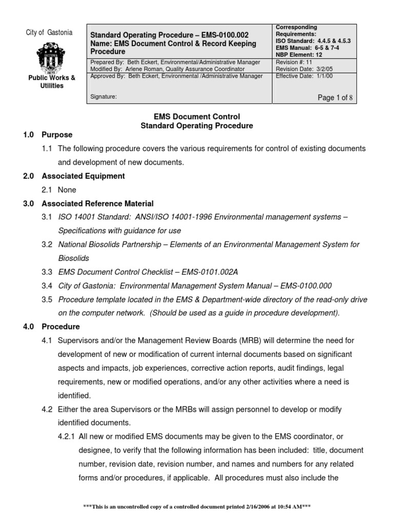 EMS Document Control Standard Operating Procedure 1.0 Purpose | PDF ...