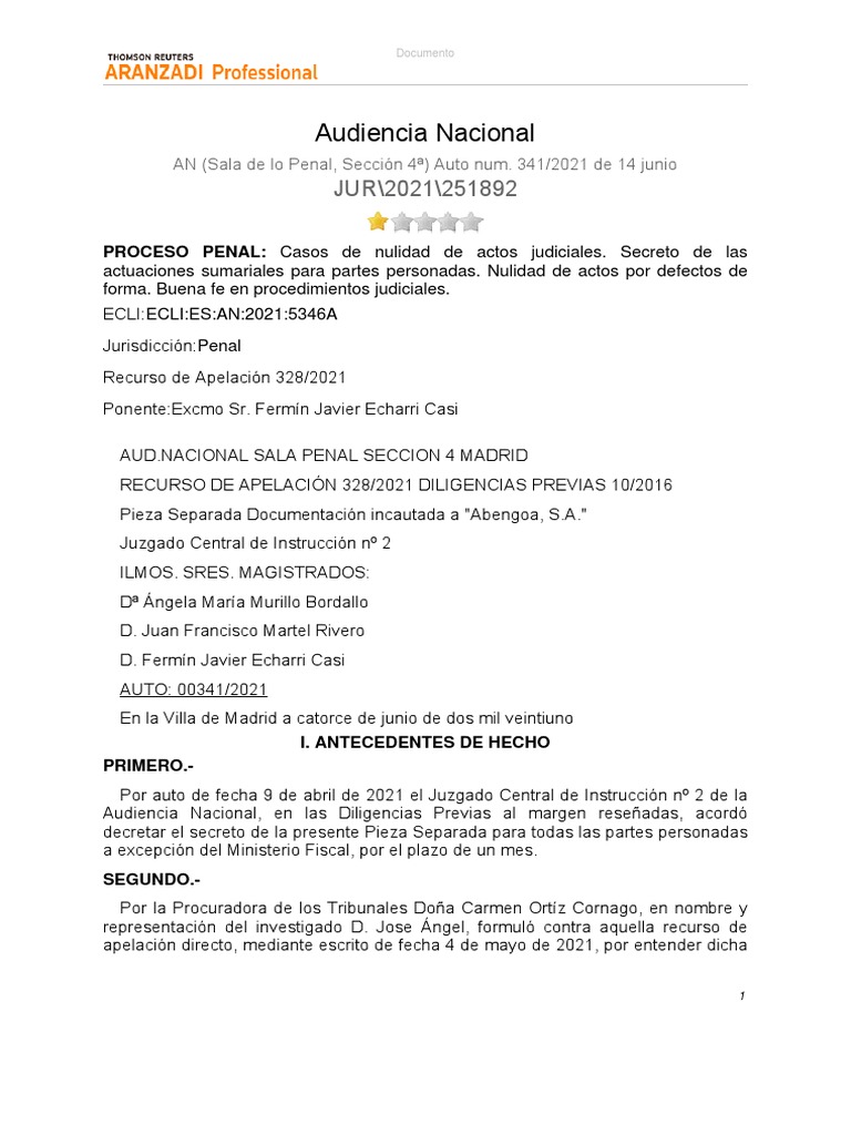 Jur - AN (Sala de Lo Penal, Seccion 4a) Auto Num. 341-2021 de 14 Junio ...