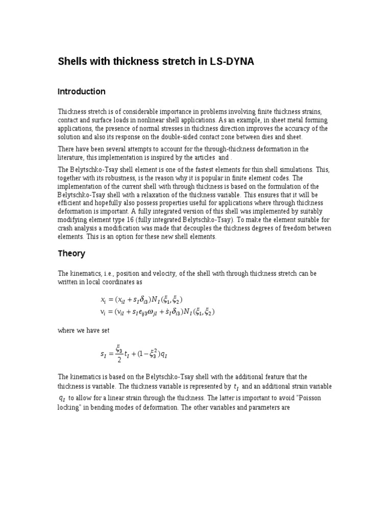 Shells With Thickness Stretch in LS-DYNA: N S e S V V N S X X | PDF ...