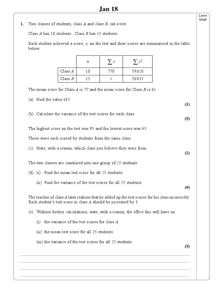 Two Classes of Students, Class A and Class B, Sat A Test | PDF | Data ...