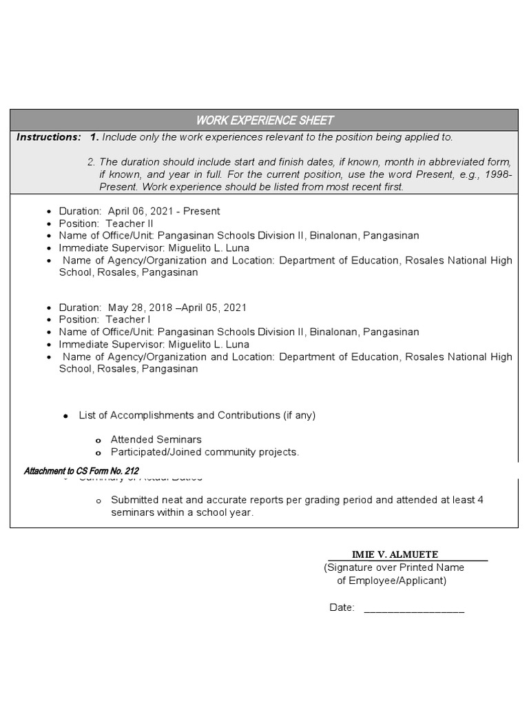 Work Experience Sheet: Instructions: 1. Include Only The Work ...