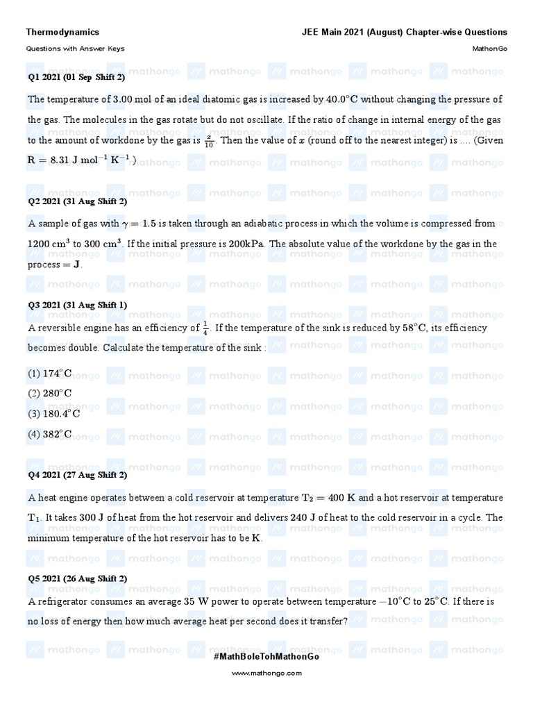 Thermodynamics Jee Main 2021 August Chapter Wise Mathongo Pdf 1208