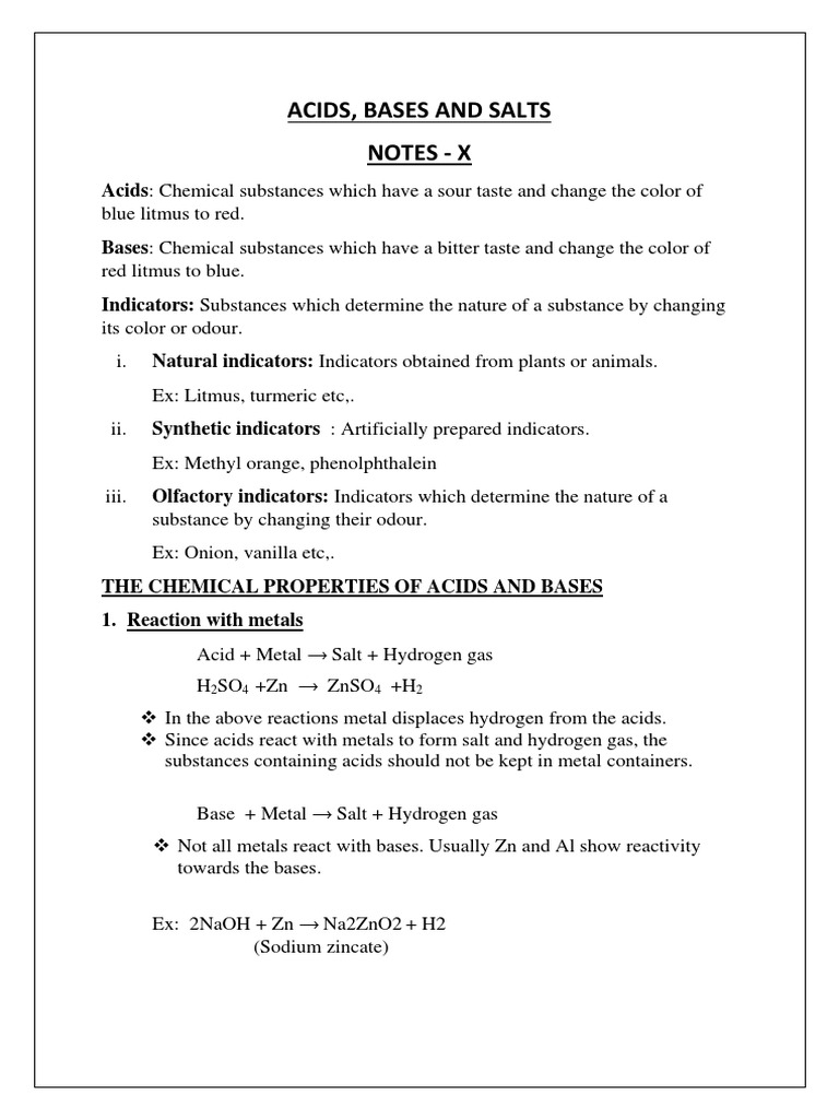 Acids, Bases and Salts Notes - X | PDF | Ph | Chlorine