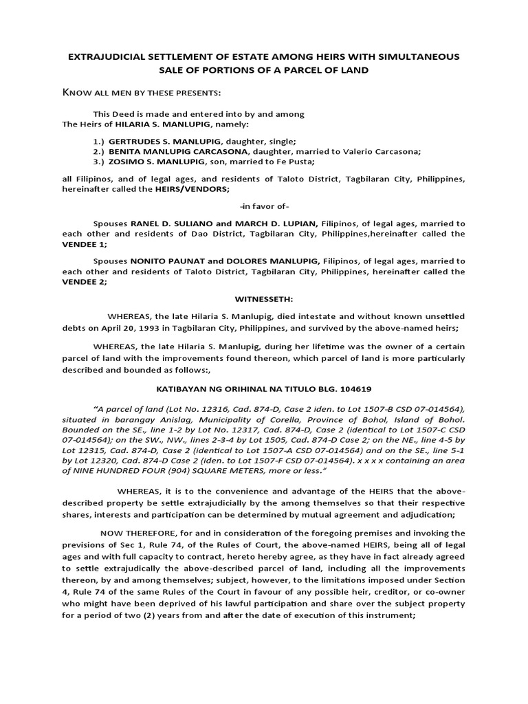 Extrajudicial Settlement of Estate Among Heirs of Hilaria S. Manlupig with Simultaneous Sale of ...