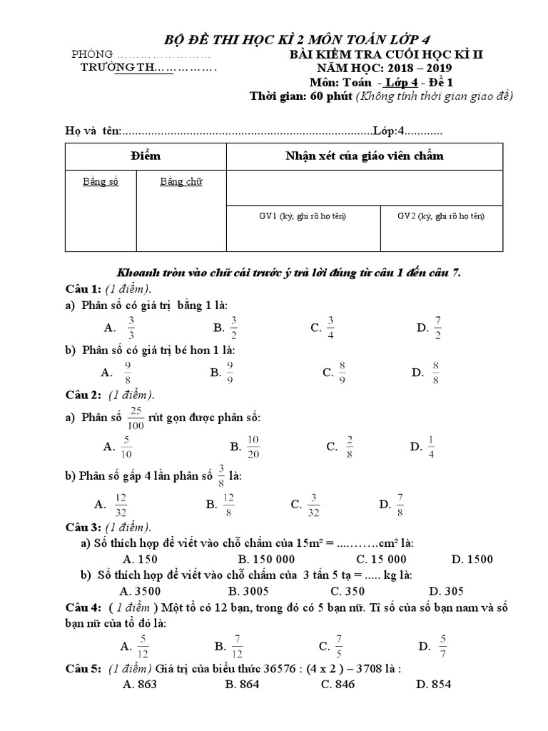 Bo de Thi Hoc Ki 2 Mon Toan Lop 4 Nam 2018 2019 | PDF