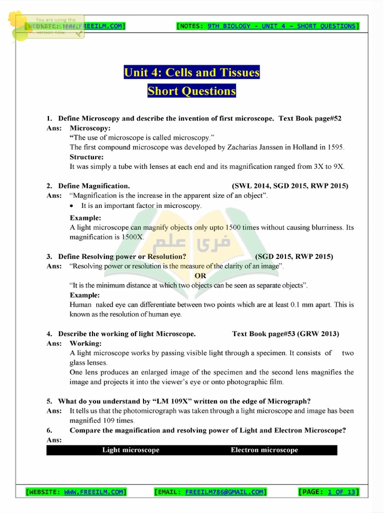 Grade 9 - Biology Cell Short Question | PDF