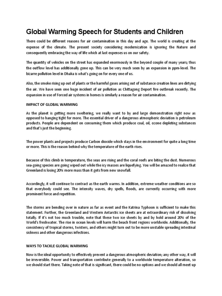 Global Warming Speech For Students and Children | PDF | Pollution ...