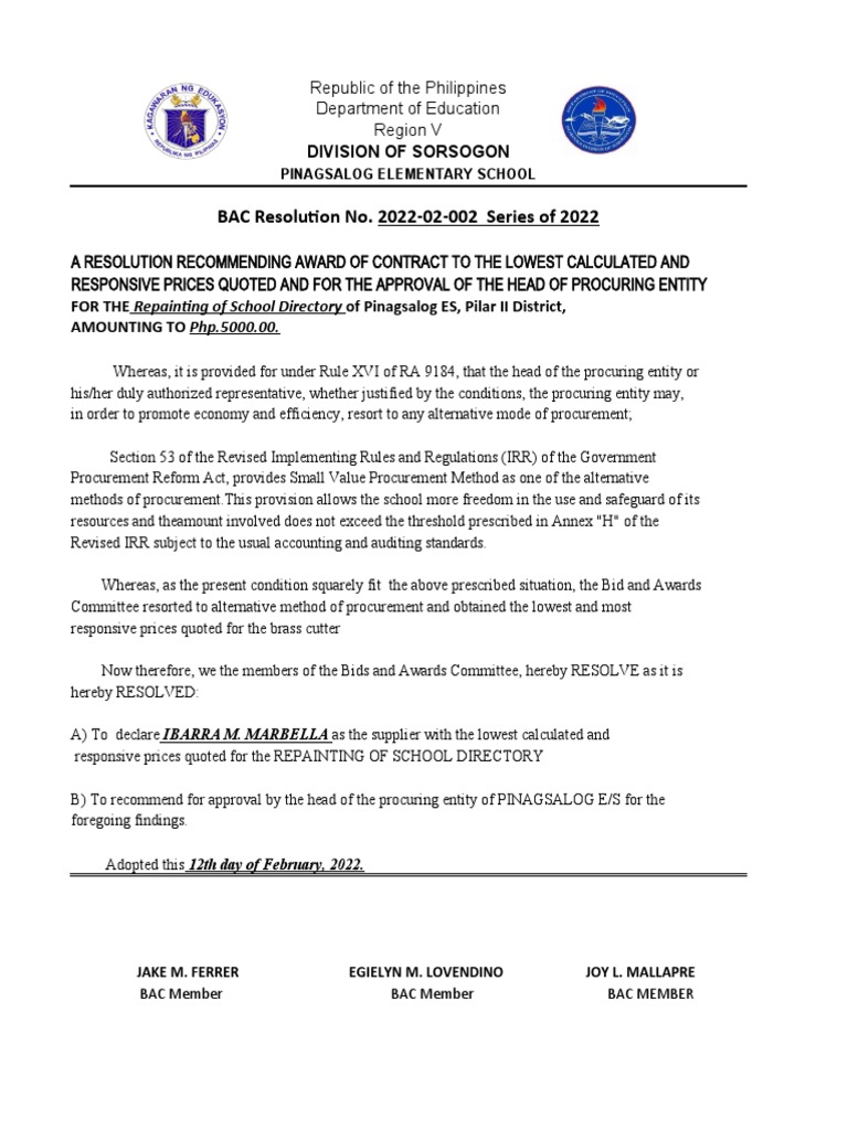 BAC Resolution No. 2022-02-002 Series of 2022 | PDF | Procurement | Audit