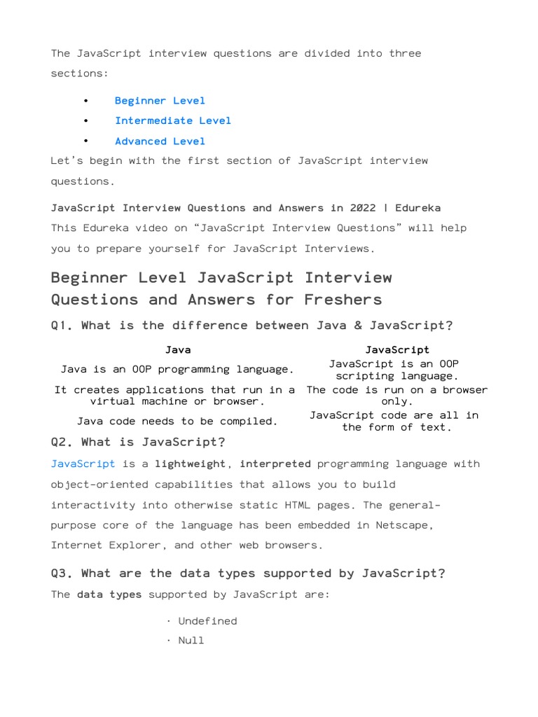 Beginner Level Javascript Interview Questions and Answers For Freshers | PDF | Java Script ...