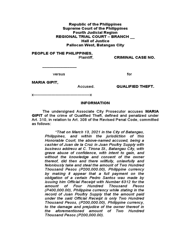 Batangas City Prosecutor Files Qualified Theft Case | PDF | Prosecutor ...