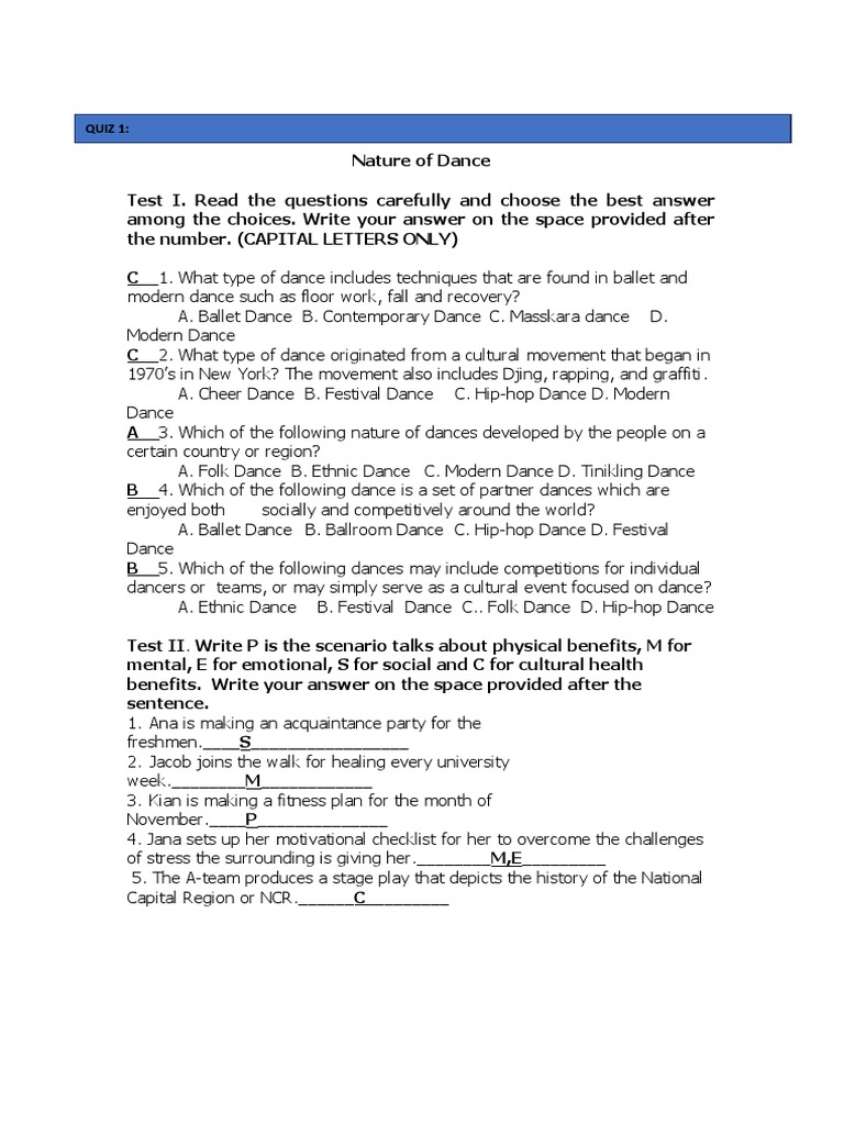Answer Sheet On The Quiz For Nature and Type of Dance | PDF | Dances ...