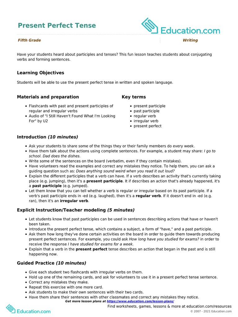 Present Perfect Tense: Learning Objectives | PDF | Verb | Perfect (Grammar)