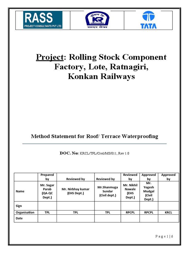 Method Statement For Roof Water Proofing 24 12 2021 Pdf Concrete