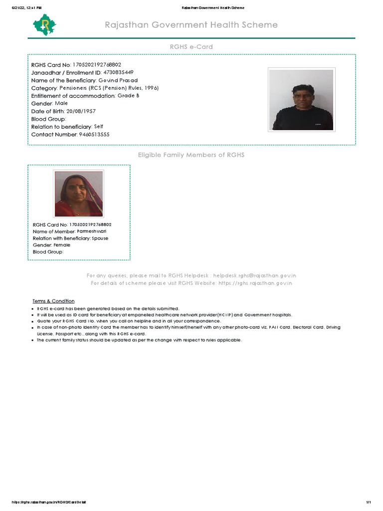RGHS Card Details for Pensioners | PDF
