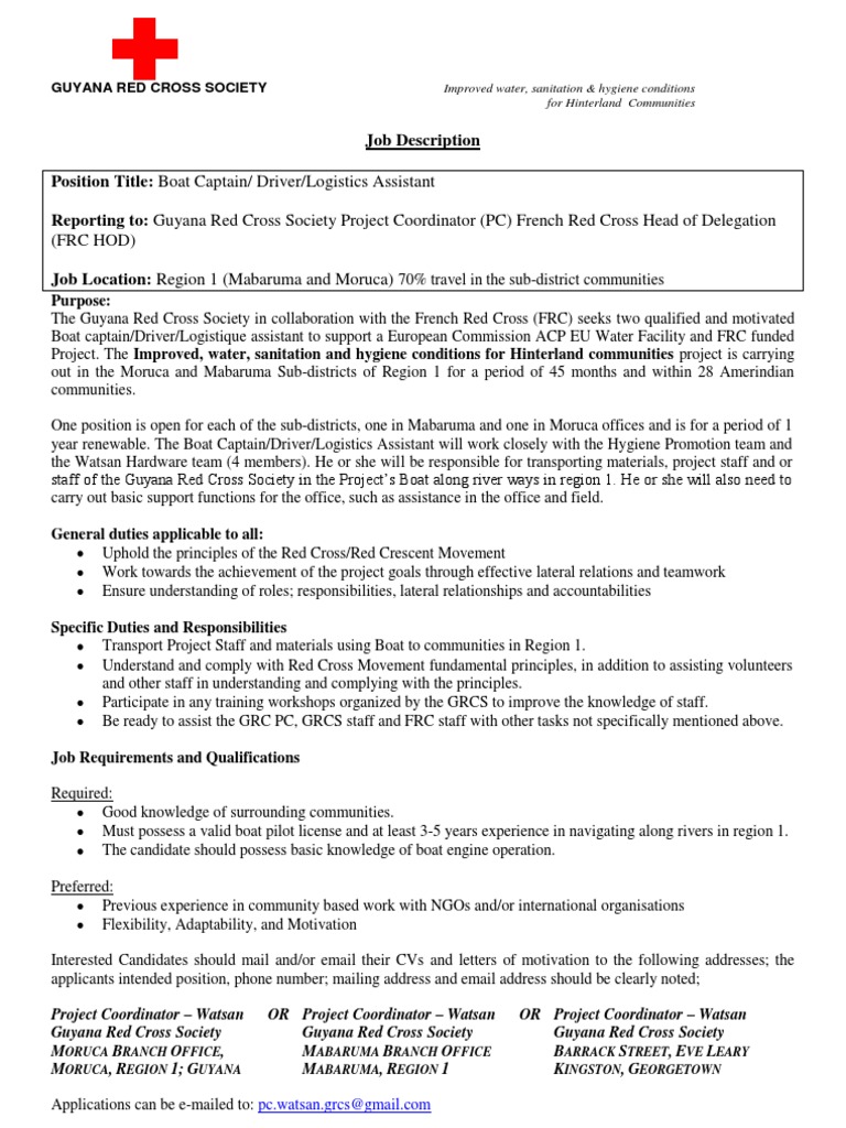 Job Description - Driver - Pilote.logistic Assistant - Moruca Mabaruma ...