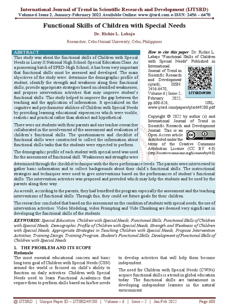 Functional Skills of Children With Special Needs | PDF | Special ...