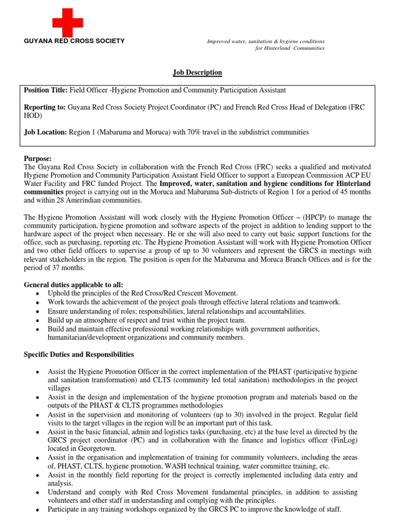 Hygiene Promotion Assistant Job Description | PDF | International Red ...