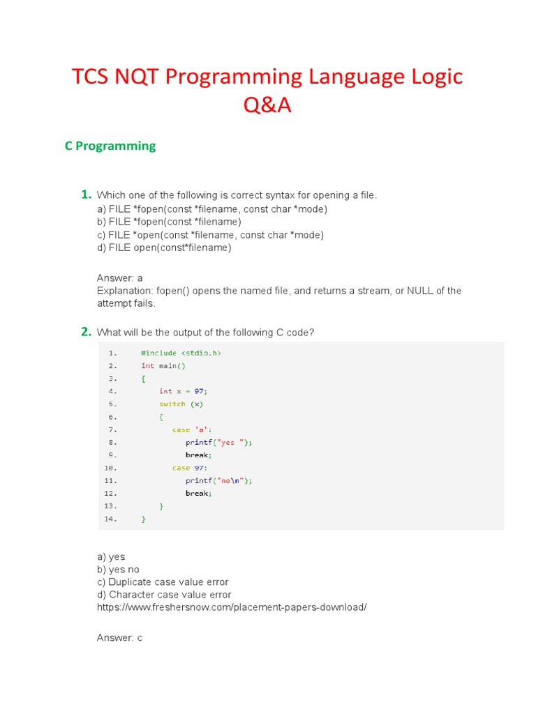 Tcs Nqt Programming Language Logic Qanda Pdf Parameter Computer Programming Computer Data