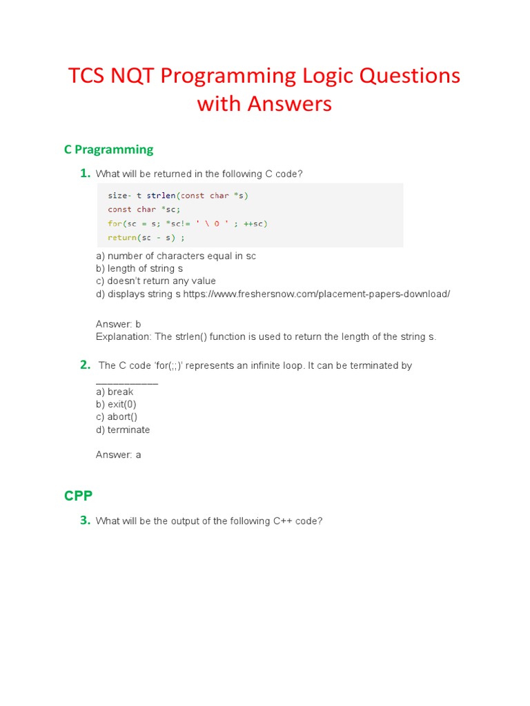 TCS NQT Programming Logic Questions With Answers: C Pragramming 1 | PDF | Parameter (Computer ...