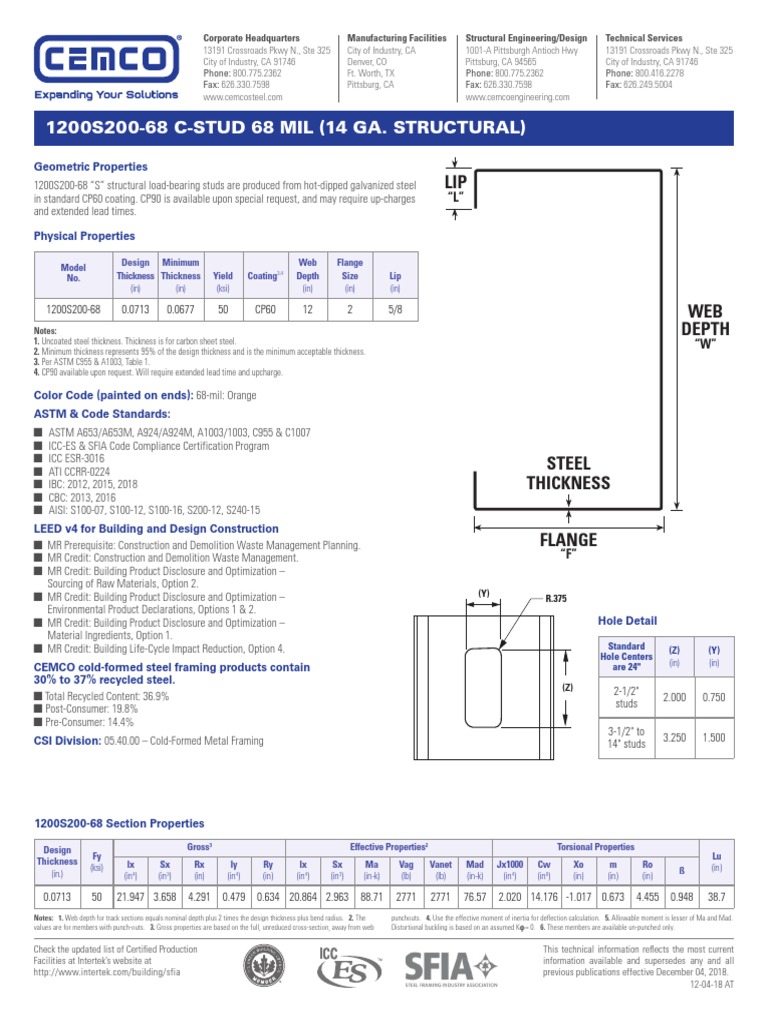1200S200-68 C-Stud 68 Mil (14 Ga. Structural) | Download Free PDF ...