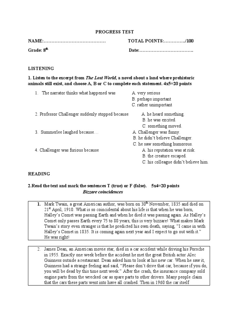 Progress Test: Listening, Reading, Vocabulary, and Grammar Assessment ...