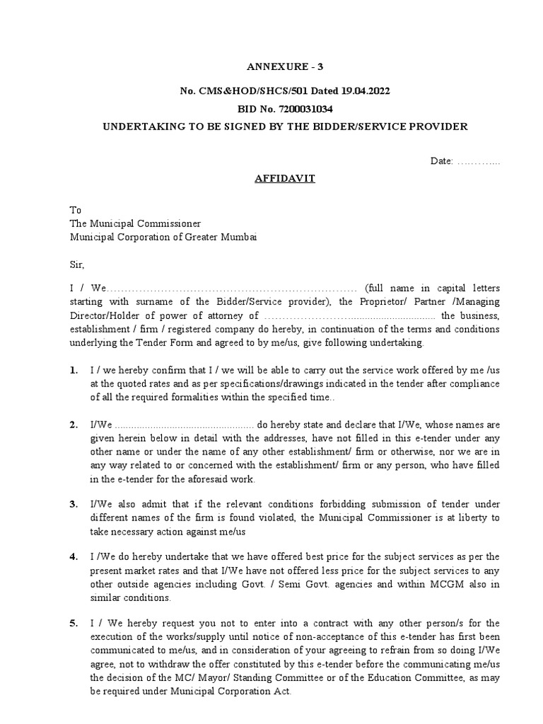 ANNEXURE - 3 Undertaking To Be Signed by The Bidder | PDF | Notary Public | Justice
