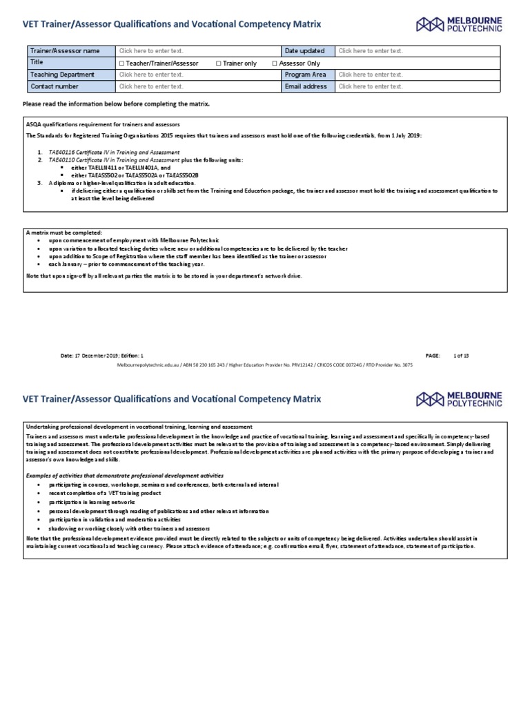 VET Trainer Assessor Qualifications and Vocational Competency Matrix ...