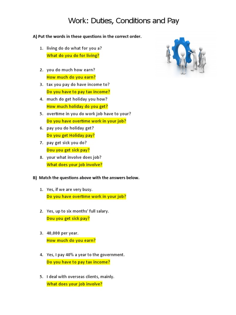 WORK-Duties, Conditions and Pay (Worksheet) Tiago Silva | PDF | Salary ...
