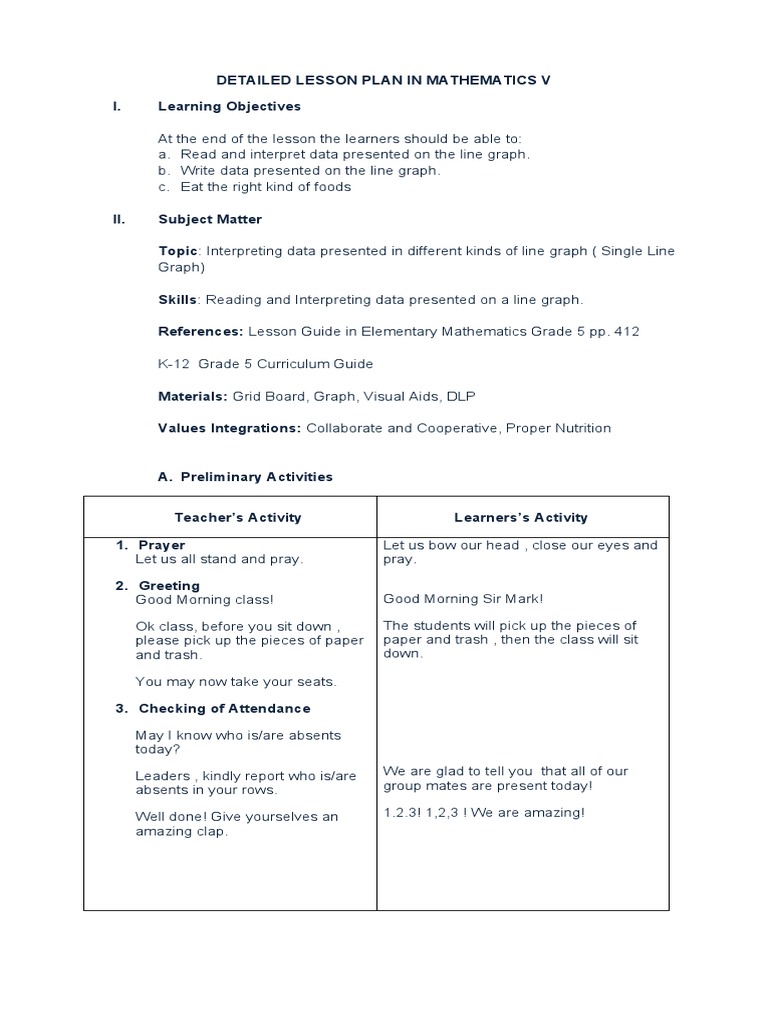 DETAILED LESSON PLAN IN MATHEMATICS 5 To Be Print Out | PDF | Chart ...