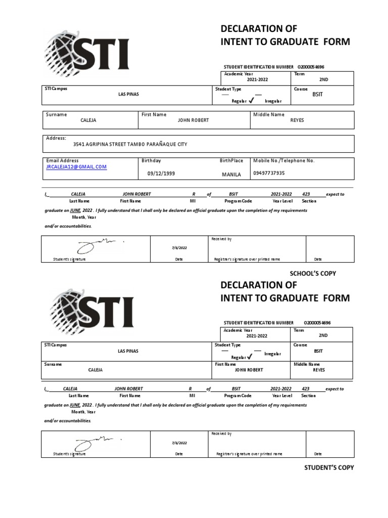 DECLARATION OF INTENT TO GRADUATE 2102 (CALEJA-BSIT423) | PDF ...