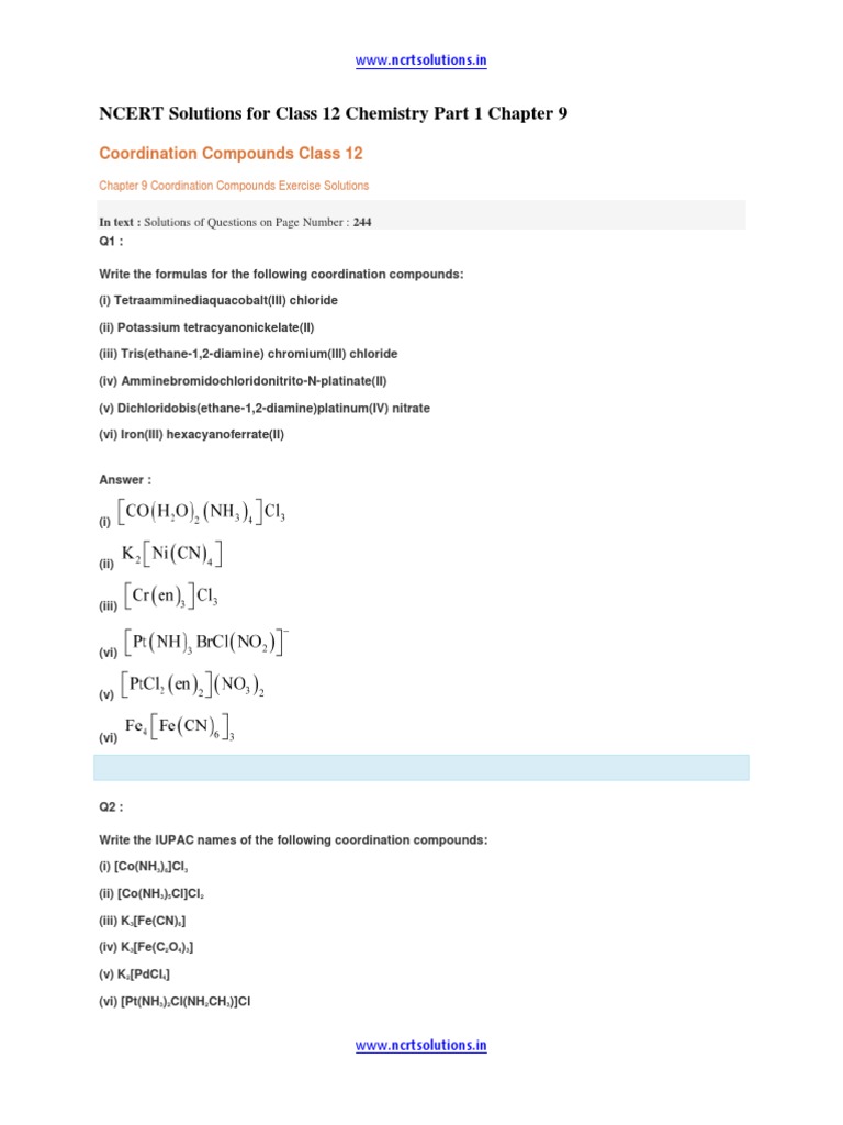 Class 12 Coordination Compounds Solutions | PDF | Coordination Complex ...