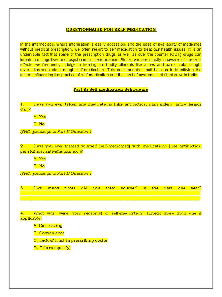 Questionnaire For Self-Medication: If NO, Please Go To Part B Question ...