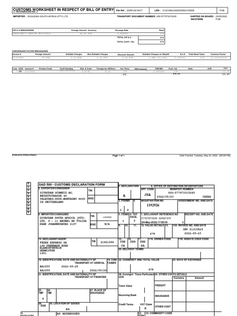 Analysis of a Customs Worksheet Document for the Import of Chemical ...