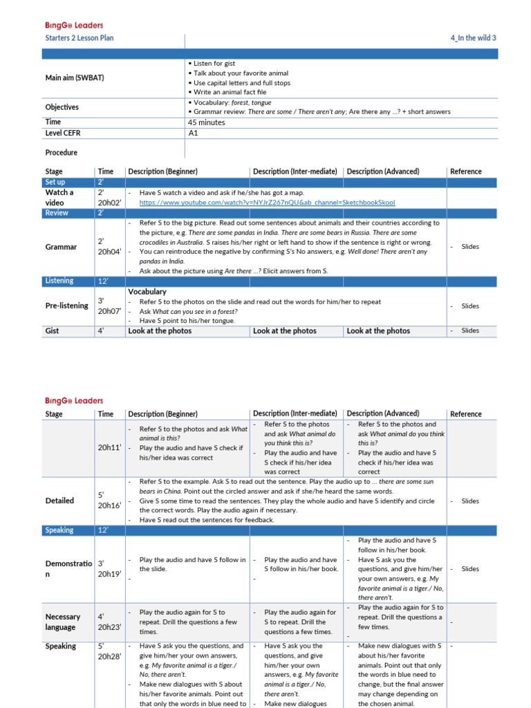 45 Minutes A1: Starters 2 Lesson Plan 4 - in The Wild 3 | Download Free ...