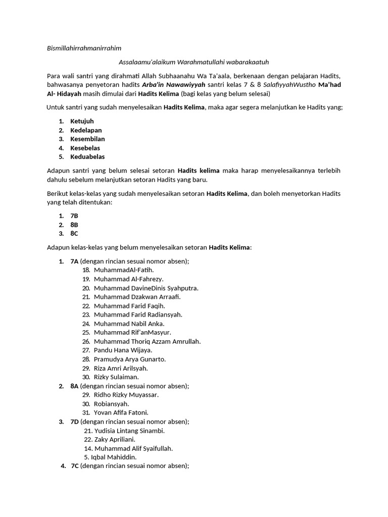 Maklumat Penting Terkait Hafalan & Setoran Hadits Arbai'in Nawawi | PDF