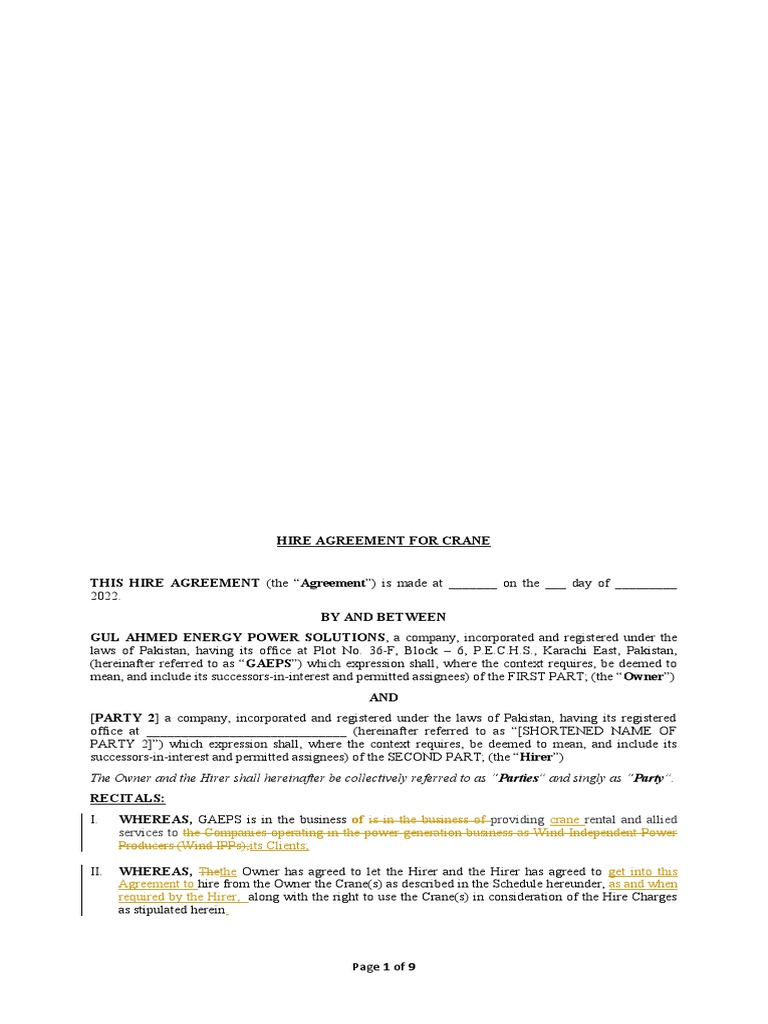 Compare Run - Hire Agreement For Crane - 09.04.2022 V 12.04.2022 | PDF ...