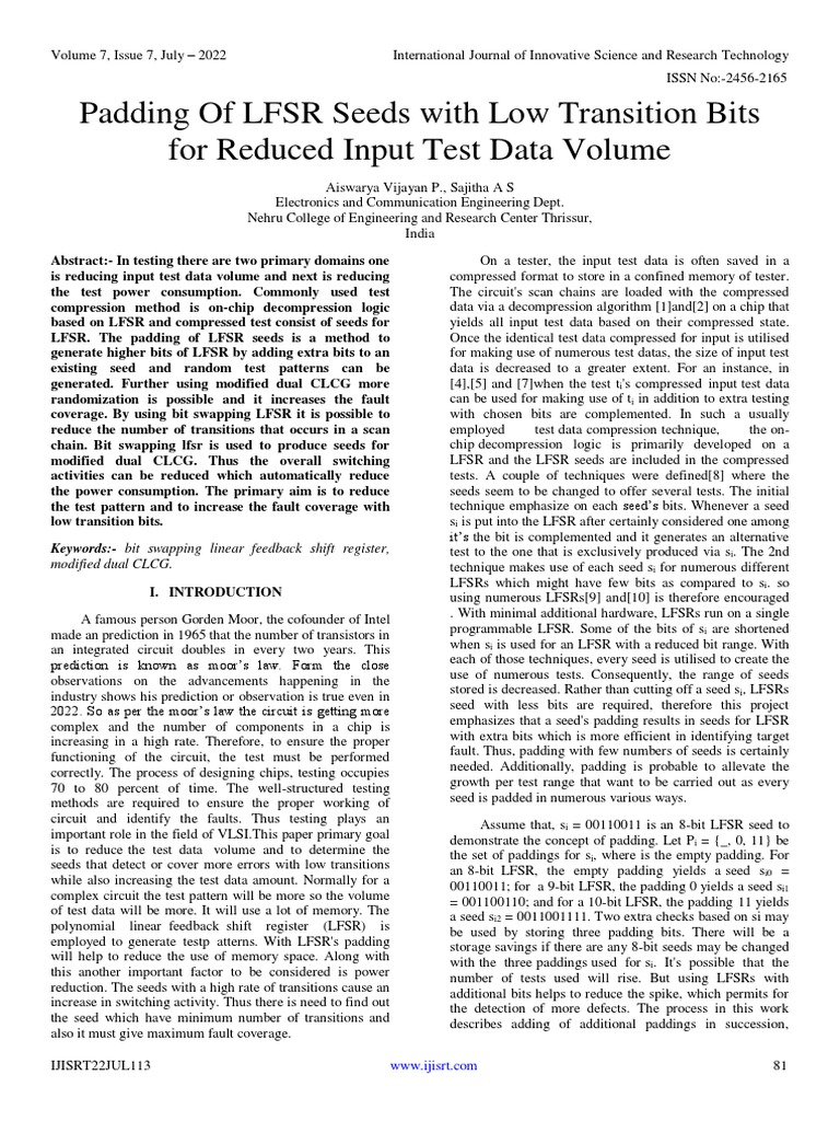 Padding of LFSR Seeds With Low Transition Bits For Reduced Input Test ...