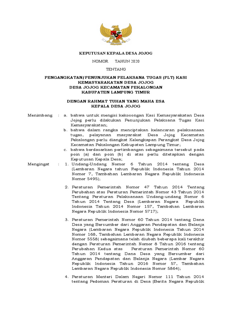 Contoh Format SK PLT Sekretaris Desa 2019 Terbaru | PDF