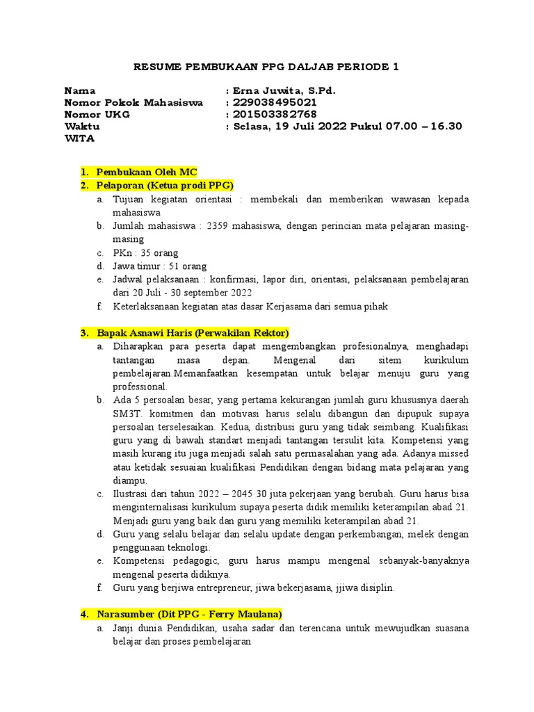 Resume Pembukaan PPG Daljab Periode 1 | PDF