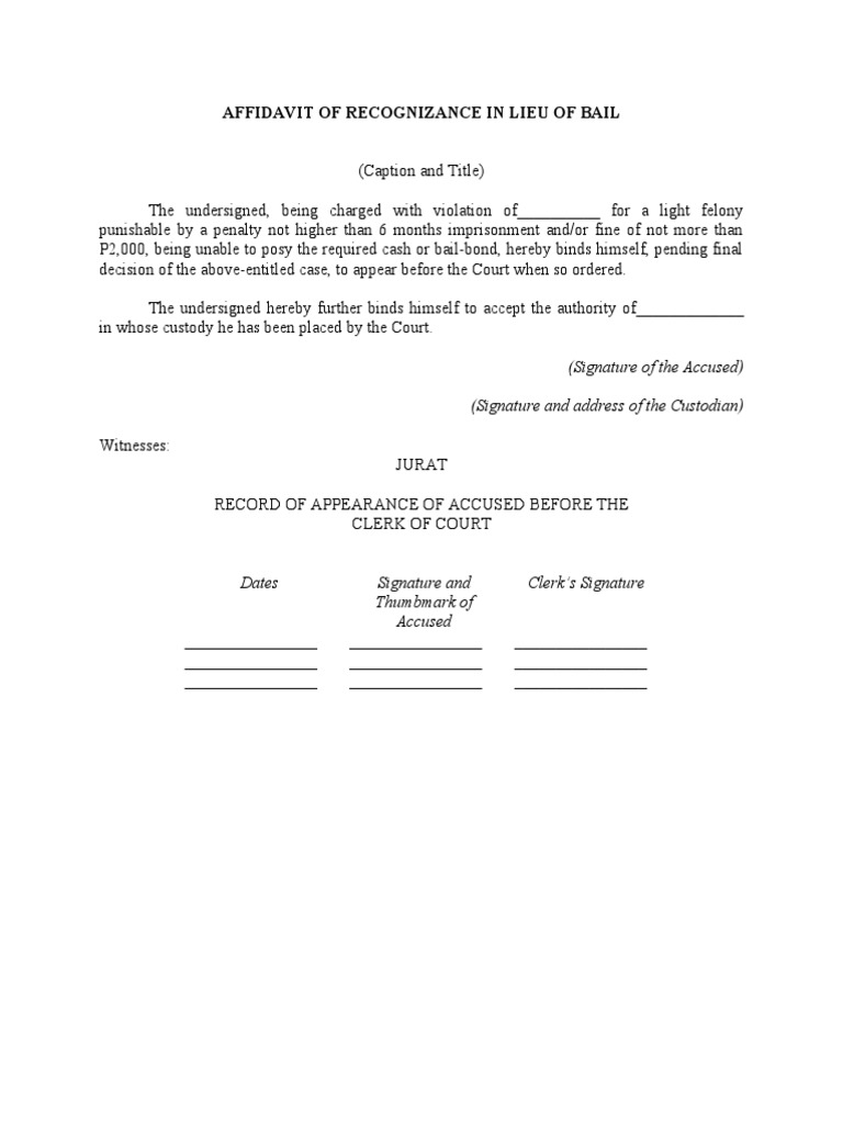 Affidavit of Recognizance in Lieu of Bail | PDF