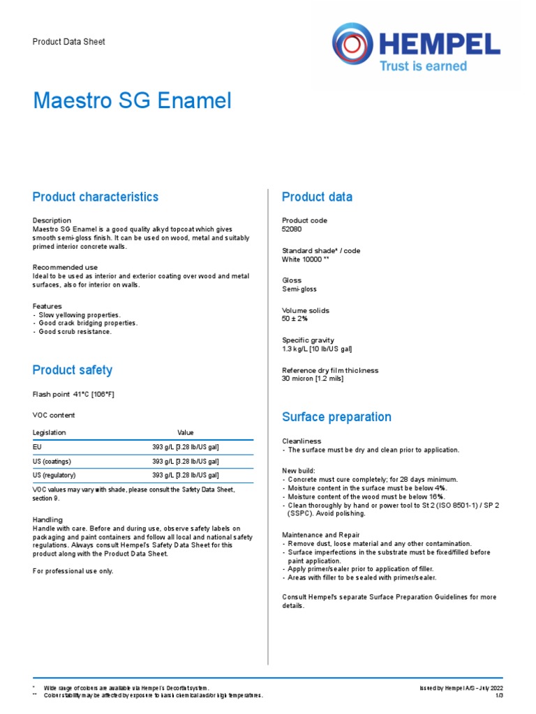 Maestro SG Enamel: Product Characteristics Product Data | PDF | Paint | Materials