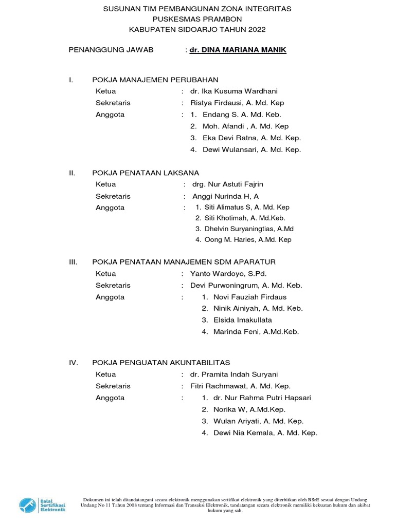 Susunan Tim Pembangunan Zona Integritas | PDF