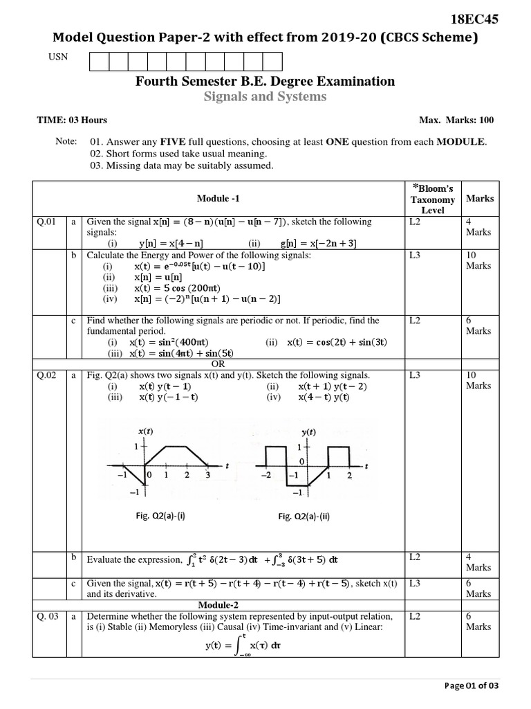 Signals and Systems: 18EC45 Model Question Paper-2 With Effect From ...