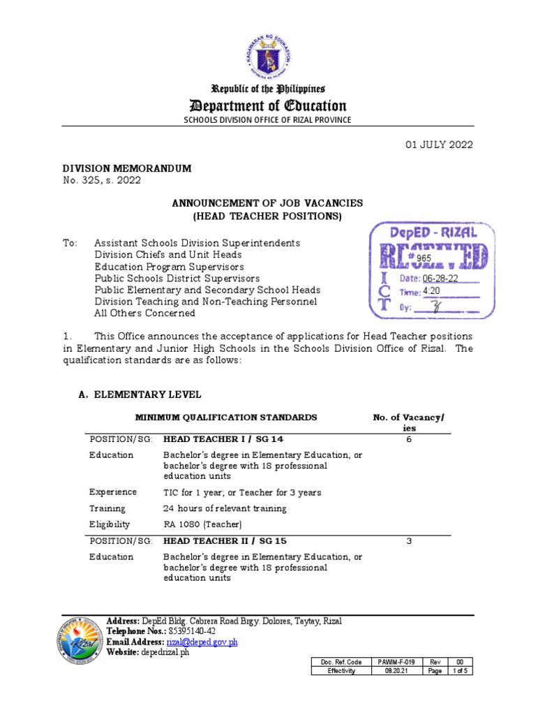 Department of Education: Division Memorandum | PDF | Teachers
