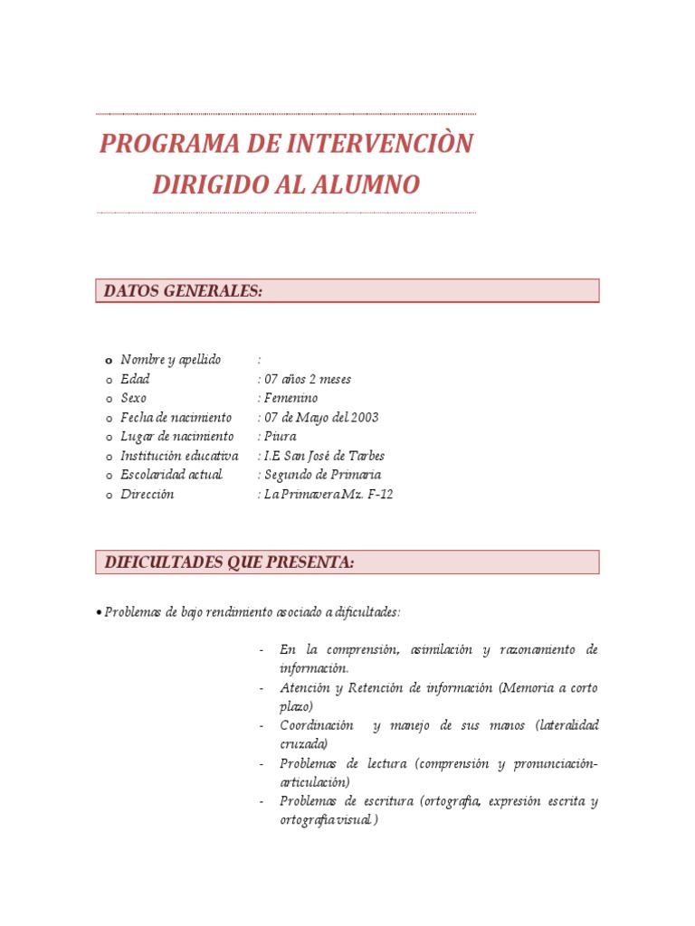 Programa de Intervencion | PDF | Aprendizaje | Memoria