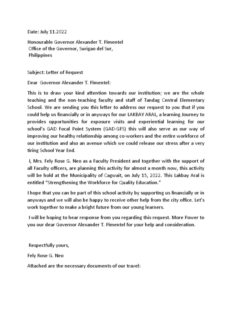 Letter Request For Lakbay Aral | PDF