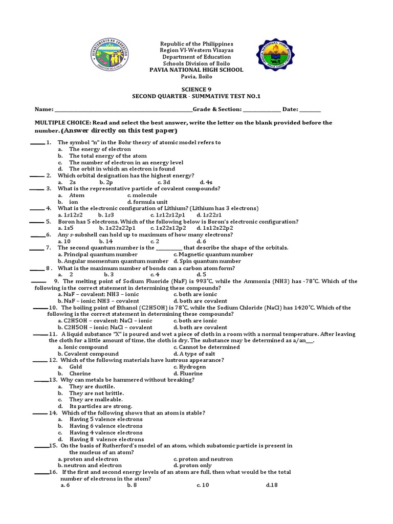 Science 9 Summative Test 2 | Download Free PDF | Chemical Bond | Atomic ...
