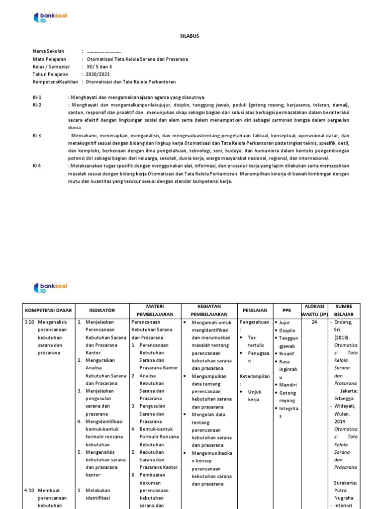 Silabus Otk Sarpras Kelas 12 Tahun 2021 2022 | PDF